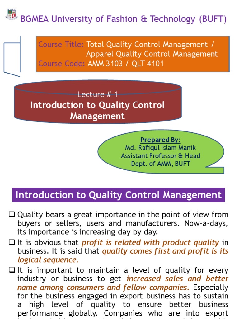 Lecture-01 (TQM-Introduction To Quality Control Management) PDF | PDF ...