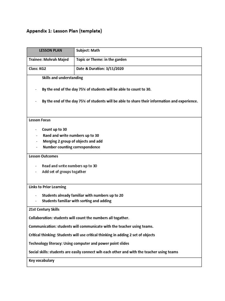 Appendix 1: Lesson Plan (Template) : Read and Write Numbers Up To 30 ...
