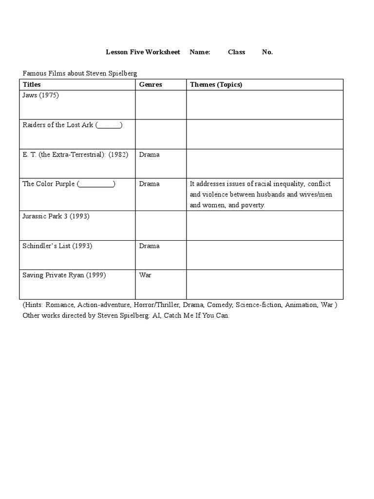 Lesson Five Worksheet Name | PDF | Cinema | Entertainment (General)