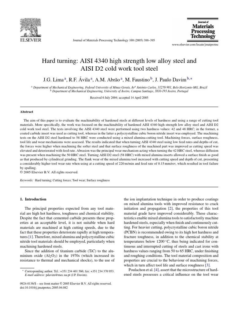 Hard Turning AISI 4340 High Strength Low Alloy Steel and AISI D2 Cold ...