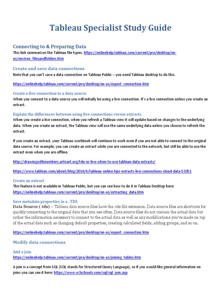 Tableau Specialist Study Guide: Connecting To & Preparing Data | PDF ...