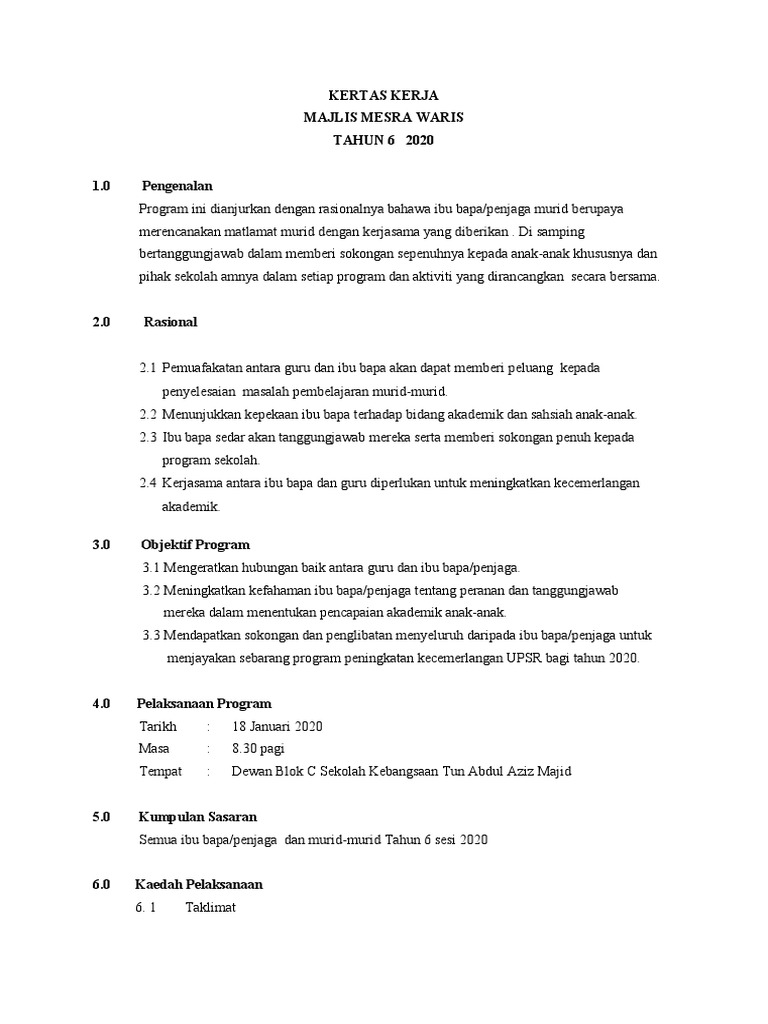 2020-KERTAS KERJA Majlis Mesra Waris | PDF