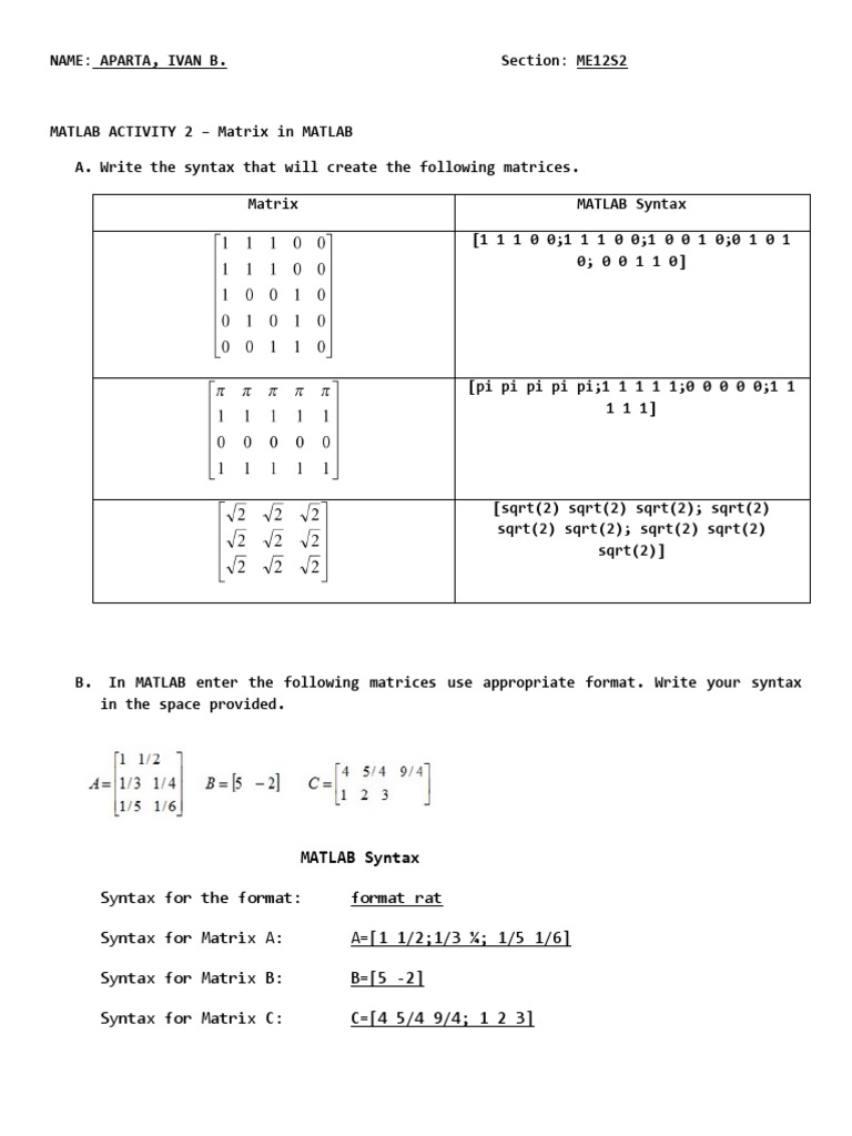 MATLAB Matrix Exercises | PDF | Matrix (Mathematics) | Matlab