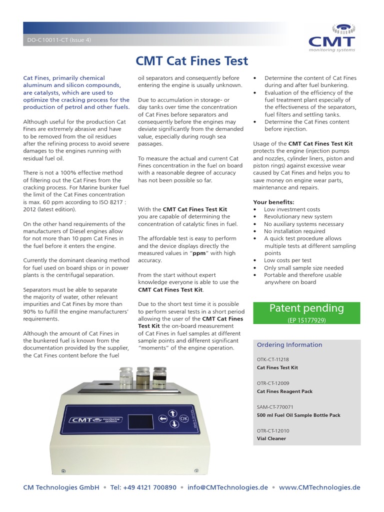 CMT Cat Fines Test Kit Overview | PDF | Fuel Oil | Engines