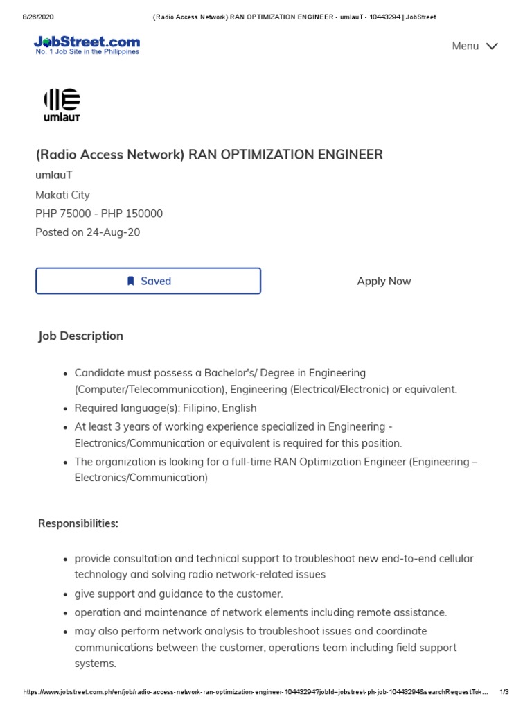 (Radio Access Network) RAN OPTIMIZATION ENGINEER - Umlaut - 10443294 ...
