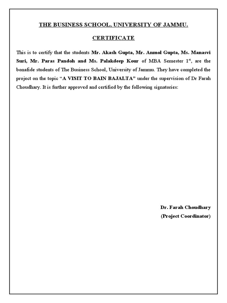 The Business School, University of Jammu. Certificate | PDF