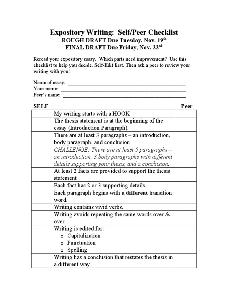 Expository Writing: Self/Peer Checklist: ROUGH DRAFT Due Tuesday, Nov ...
