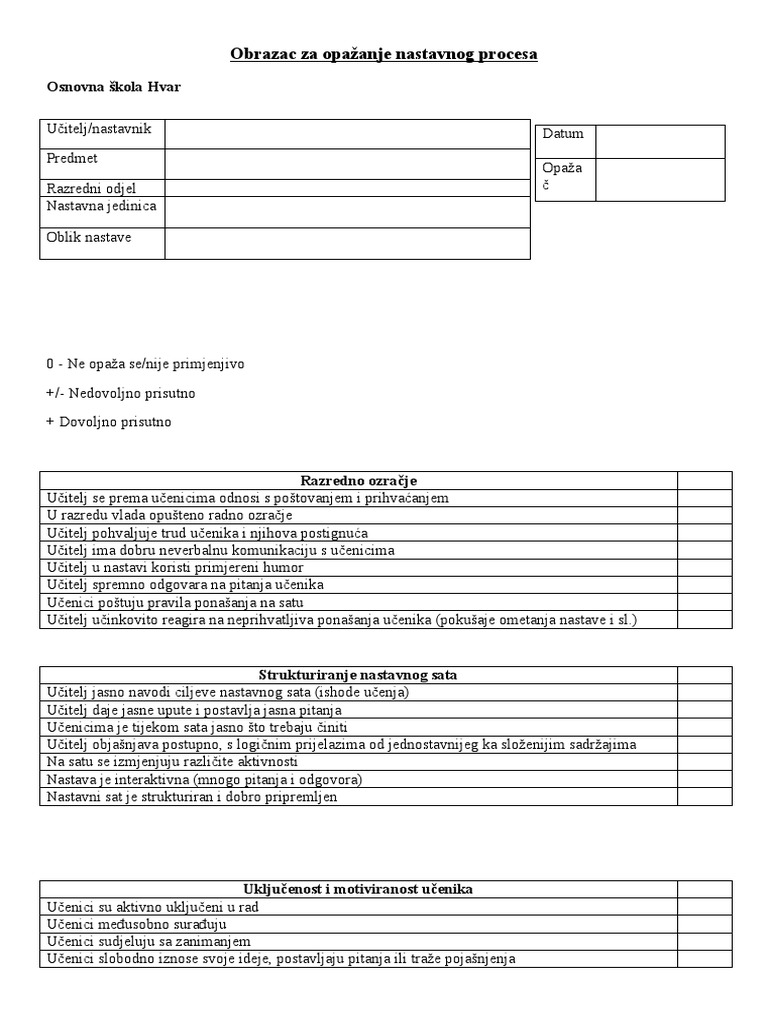 Obrazac Za Pracenje Nastave (Uređen) | PDF