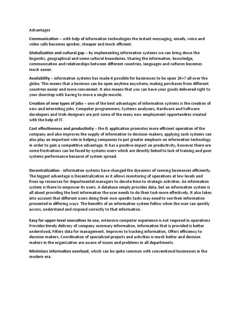 Advantages and Disadvantages of Information Systems | PDF | Information ...