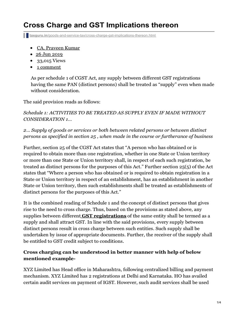 Taxguru - In-Cross Charge and GST Implications Thereon | PDF | Value ...