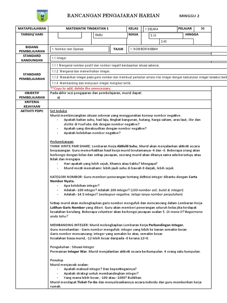 Template RPH Matematik Ting 1 (With Dropdown) | PDF