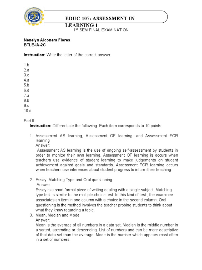 Educ 107: Assessment in Learning 1 | PDF | Educational Assessment ...