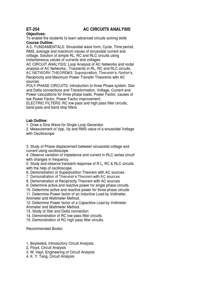 ET-254 Ac Circuits Analysis: Objectives: Course Outline | PDF
