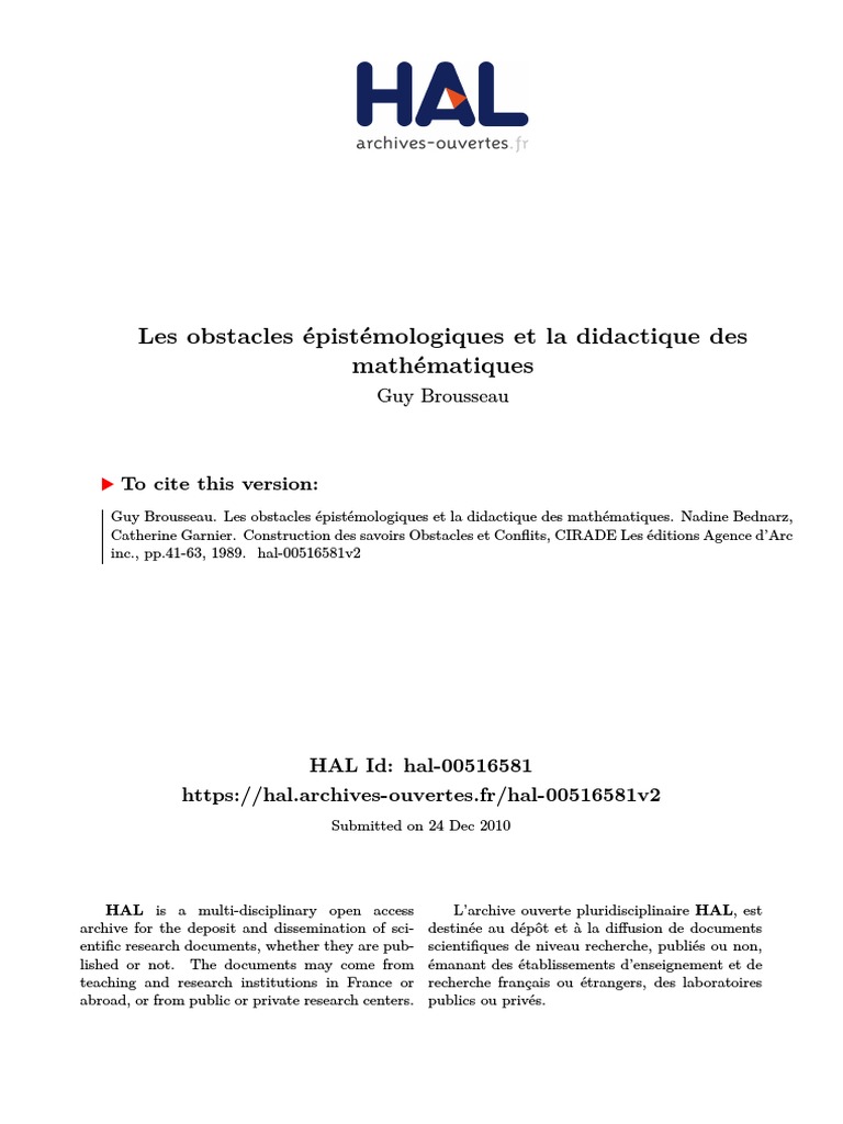 Brousseau 1989 Obstacles Et Didactique | PDF | Épistémologie | Division