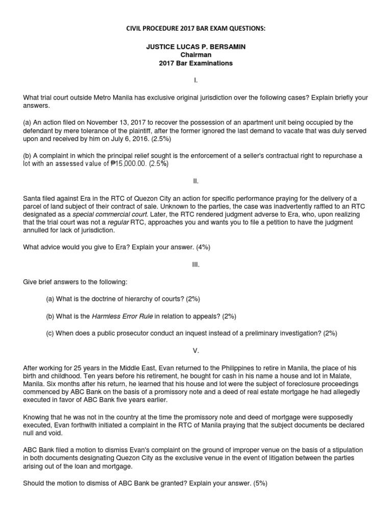 Civil Procedure 2017 Bar Exam Questions:: Justice Lucas P. Bersamin ...