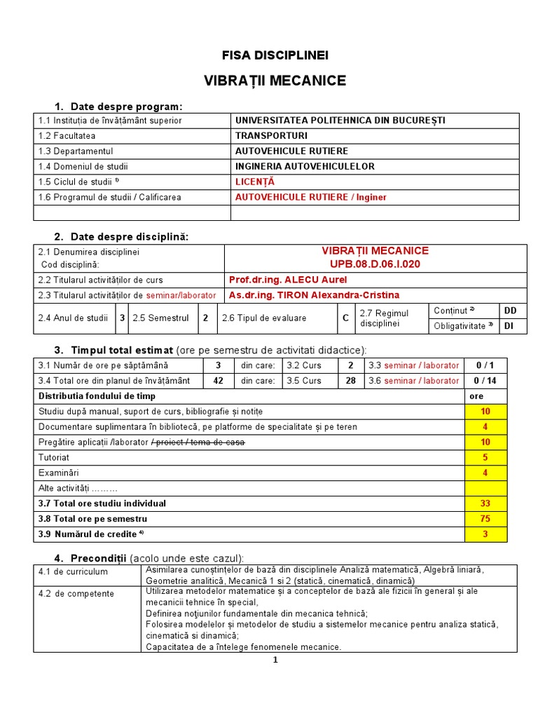 AR Fisa Disciplinei Vibratii Mecanice 2020 | PDF