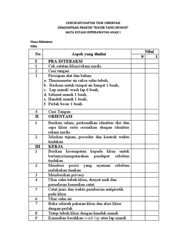 Checklist Daftar Tilik Osce Water Tapid Sponge | PDF