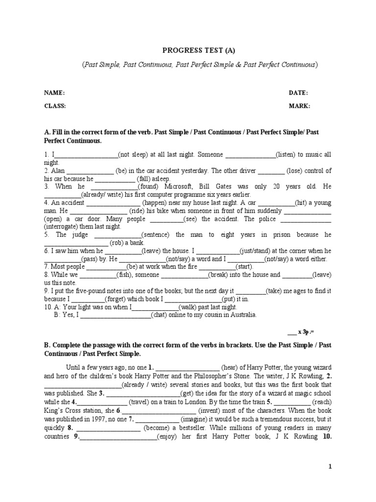 Test Paper (A) - Past Tenses | PDF | Harry Potter | Grammar