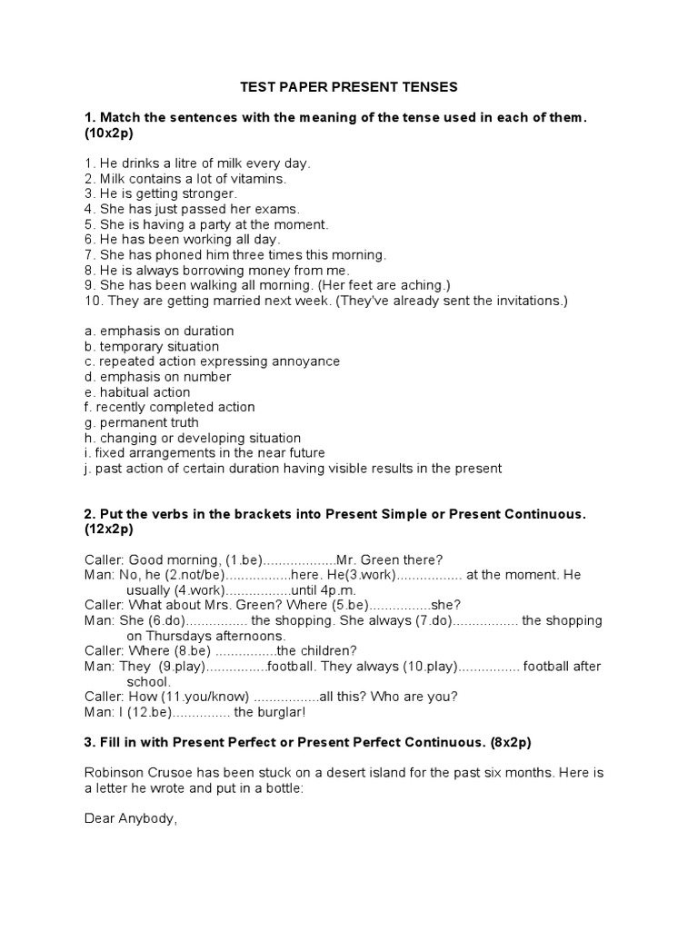 Test Paper - Present Tenses | PDF | Grammatical Tense | Grammar