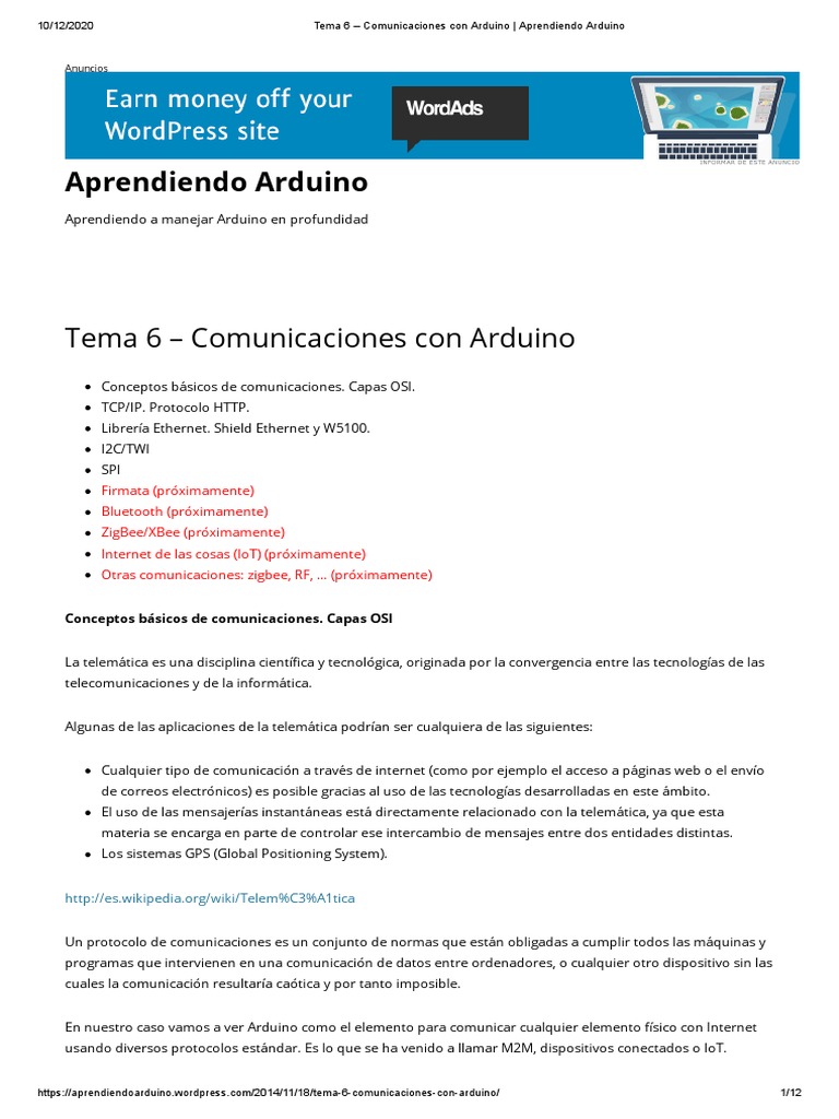 Tema 6 - Comunicaciones Con Arduino - Aprendiendo Arduino | PDF | Dirección IP | Protocolo de ...