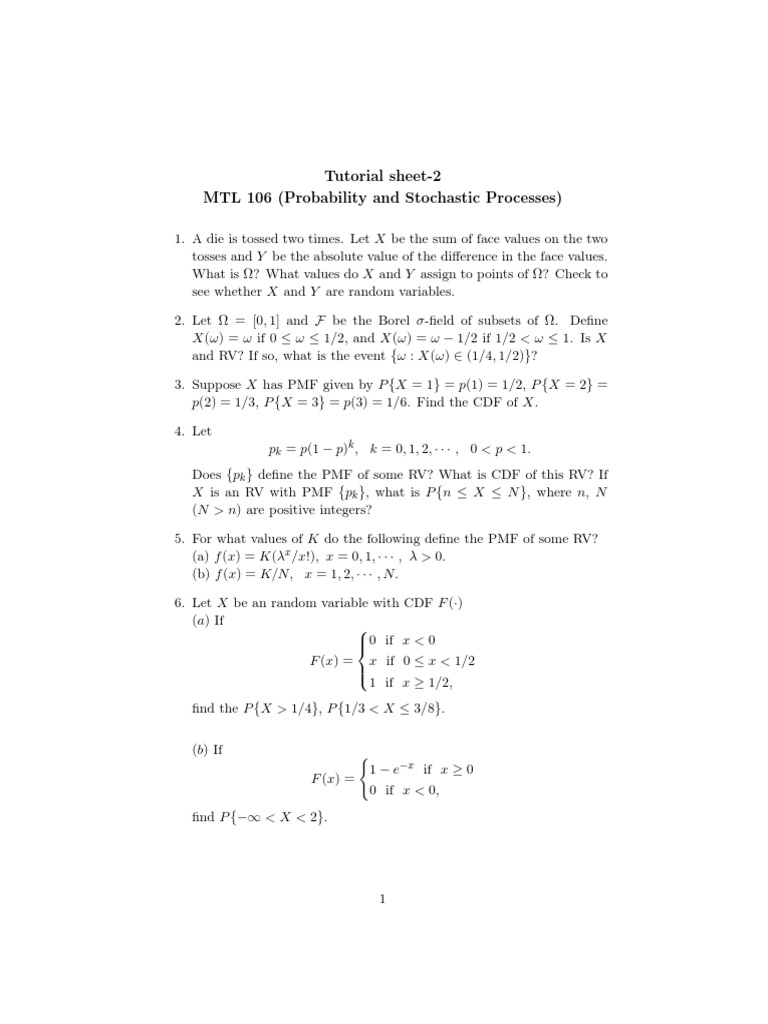 Tutorial Sheet-2 MTL 106 (Probability and Stochastic Processes ...