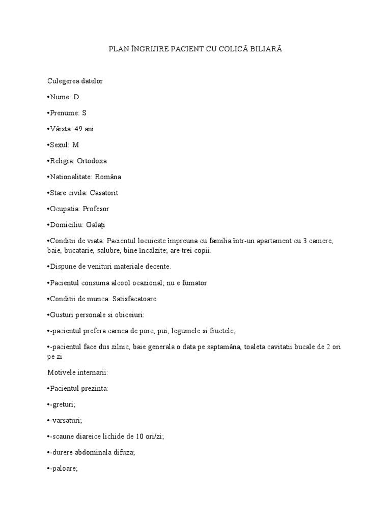 Plan Ingrijire Colica Biliara | PDF