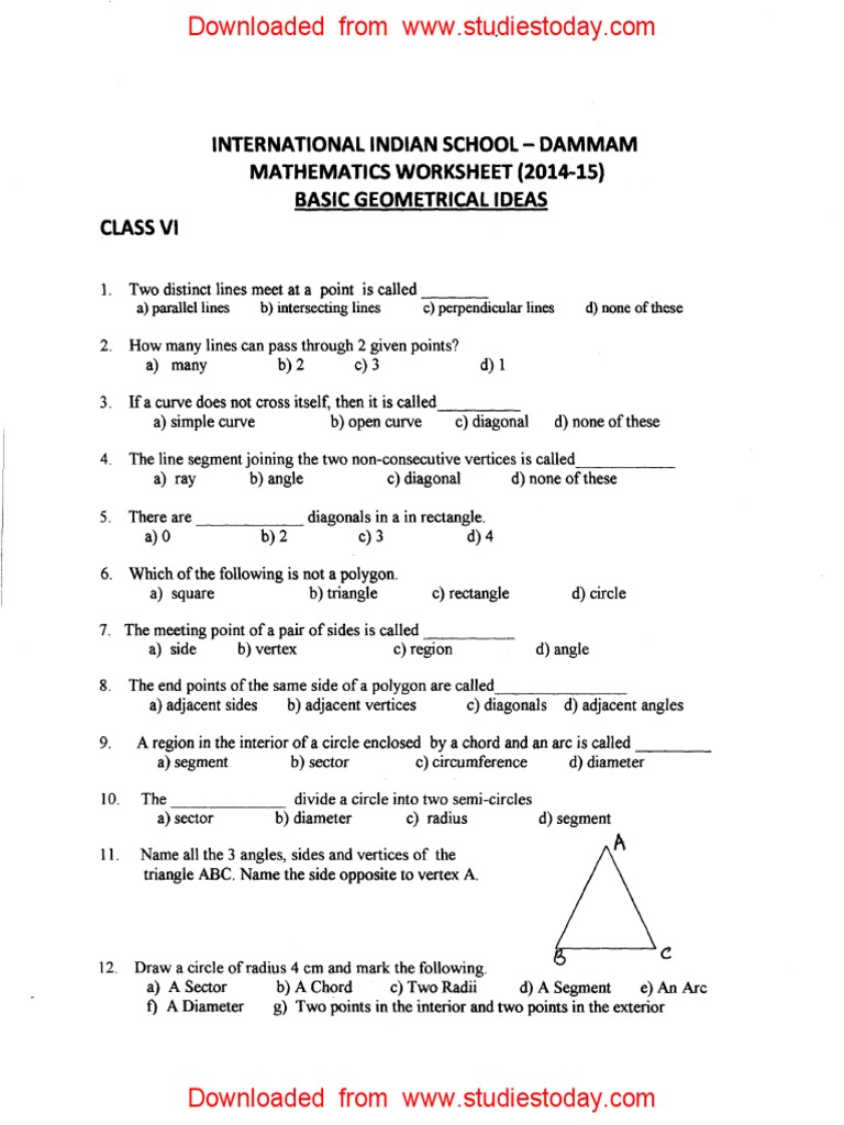 CBSE Class 6 Basic Geometrical Concepts Worksheet PDF | PDF