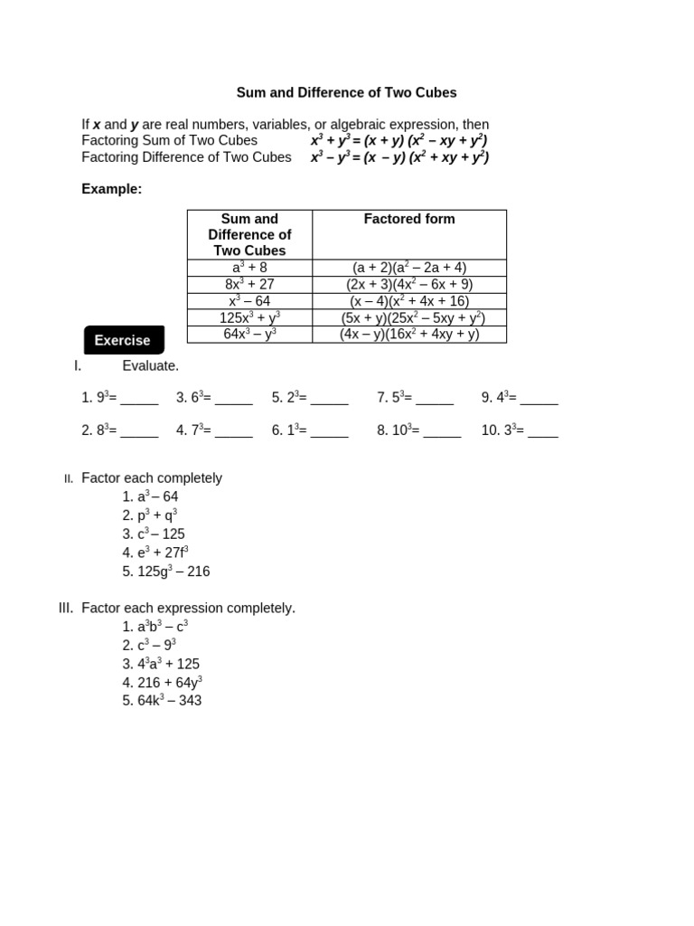 Sum and Difference of Two Cubes: Exercise | PDF