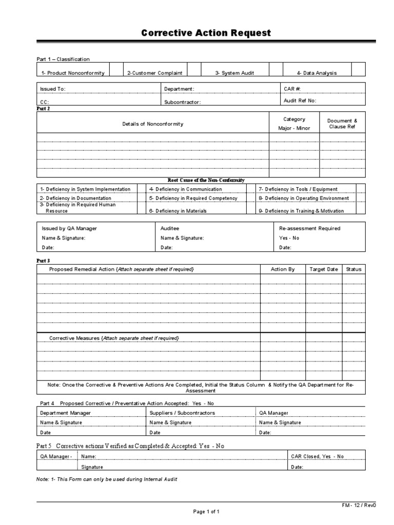 FM - 12 Corrective Action Request | PDF | Business | Accounting And Audit