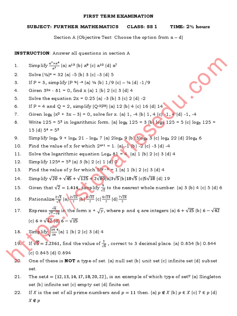 Further Maths Exam Questions For Senior Secondary Schools PDF