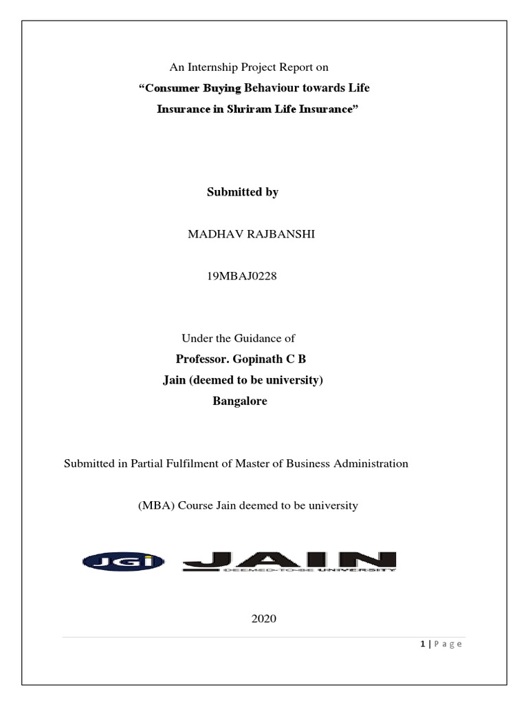 An Internship Project Report On Shriram Life Insurance Contents Madhav ...