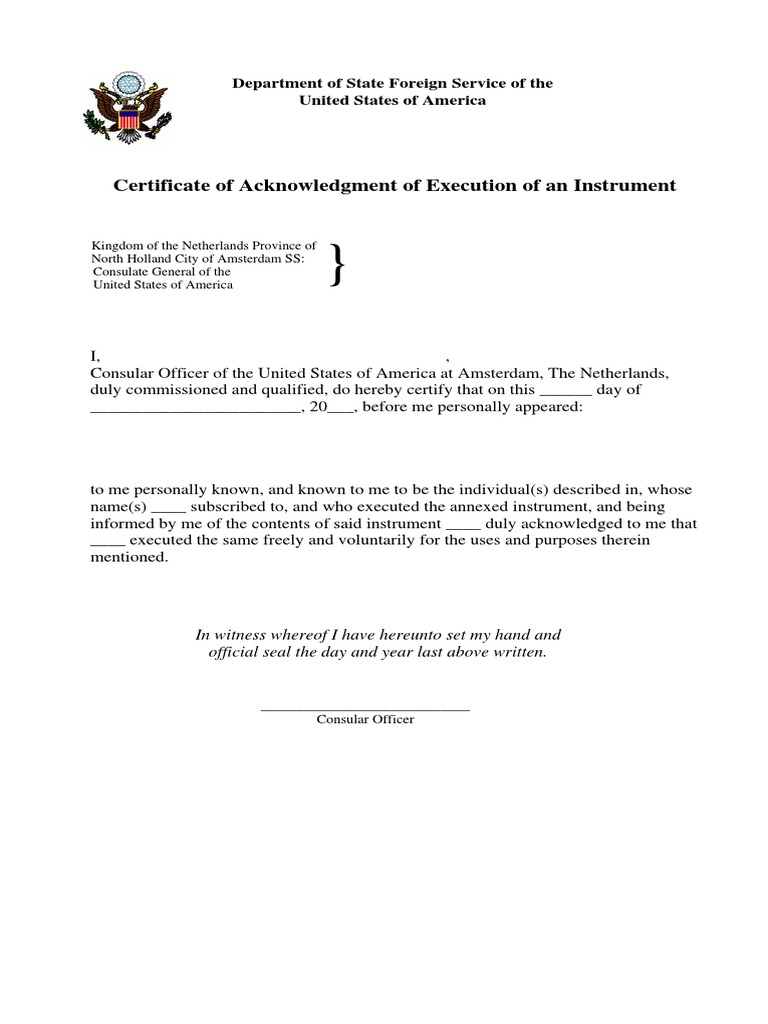 Certificate of Acknowledgment of Execution of an Instrument for an ...