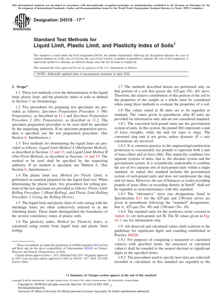 Liquid Limit, Plastic Limit, and Plasticity Index of Soils | PDF | Soil ...