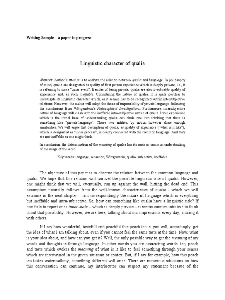 Linguistic Character of Qualia: Writing Sample - A Paper in Progress ...