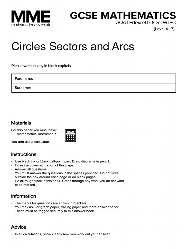 Circle Sectors and Arcs Questions MME | PDF | Area | Circle