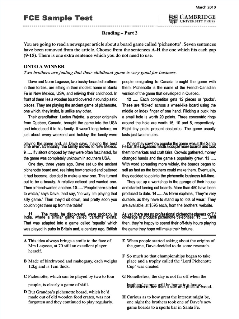 FCE Sample Test | PDF | Sports | Leisure