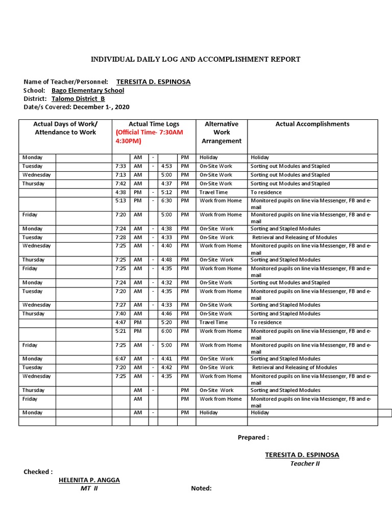 INDIVIDUAL DAILY LOG AND ACCOMPLISHMENT REPORT October 2020 Teachers | PDF