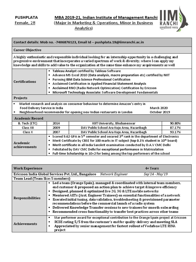IIM Ranchi MBA Resume Template | PDF | Lte (Telecommunication) | 3 G