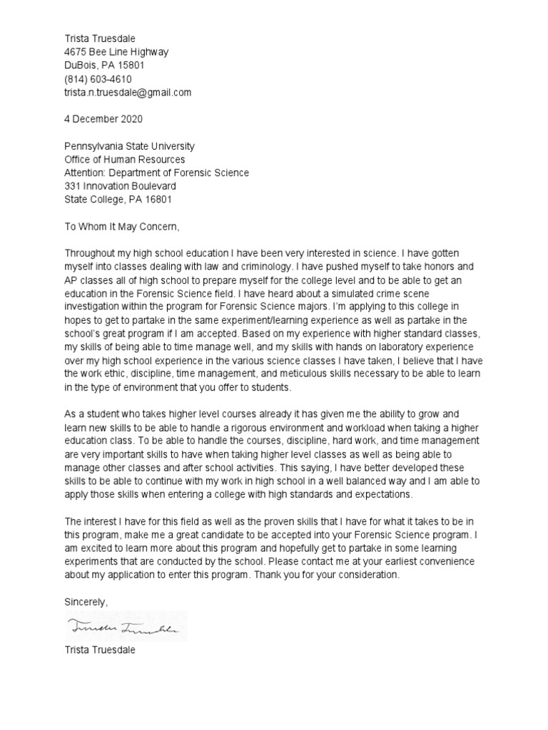 Forensic Science Program Application Letter | PDF