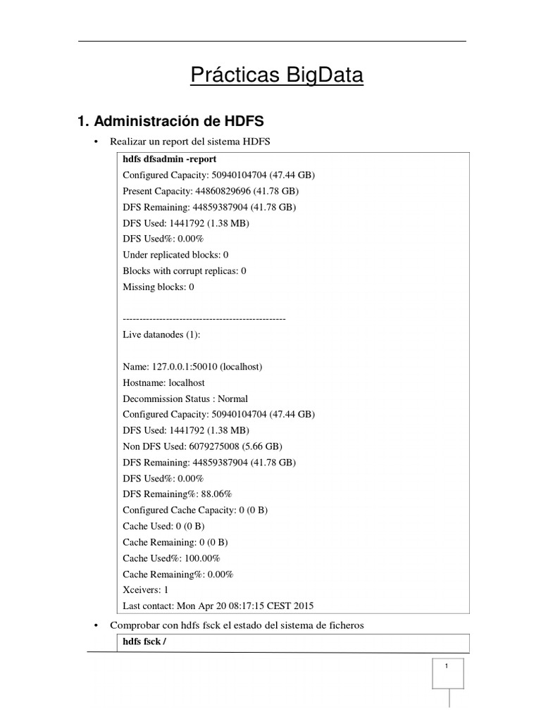 Prácticas Bigdata: 1. Administración de Hdfs | PDF | Apache Hadoop | Information Retrieval