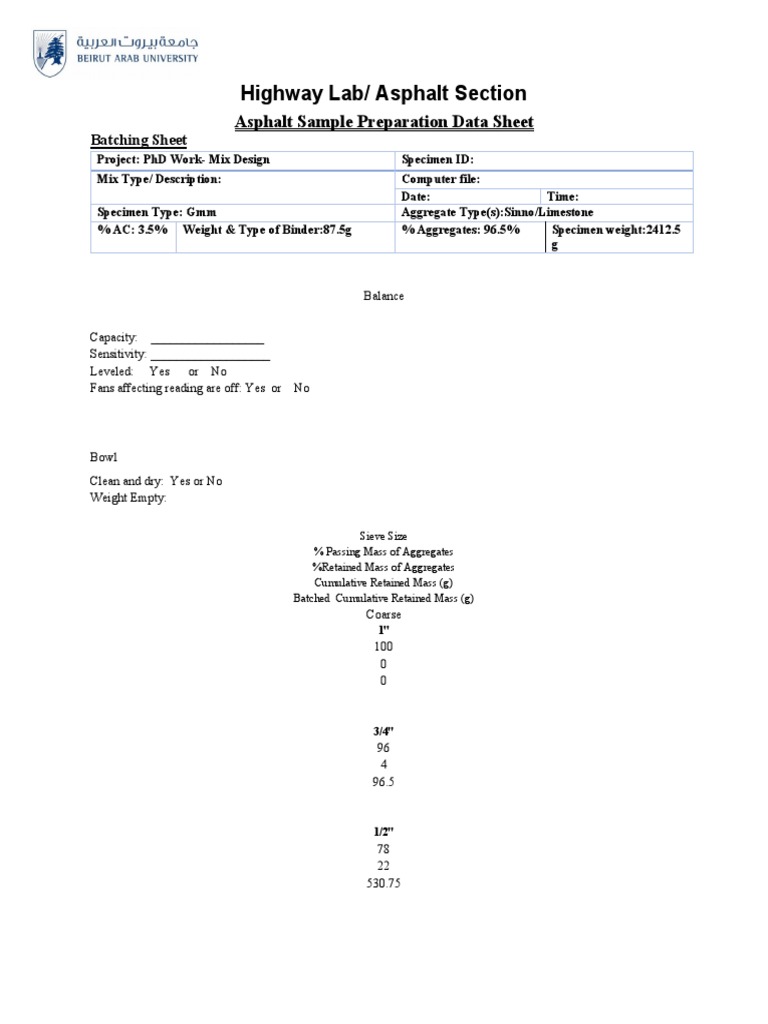 Highway Lab/ Asphalt Section: Asphalt Sample Preparation Data Sheet ...