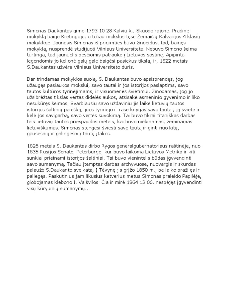 Simonas Daukantas Gimė 1793 10 28 Kalvių K | PDF