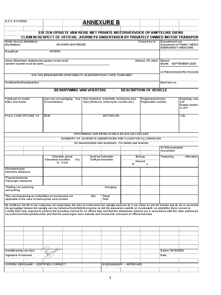Annexurre B Travel Allowance Claim Form | PDF | Wheeled Vehicles ...