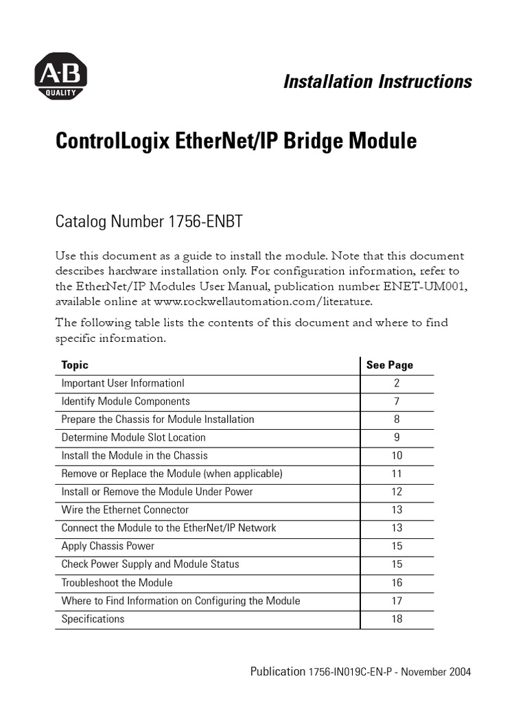 Controllogix Ethernet/Ip Bridge Module: Installation Instructions | PDF ...