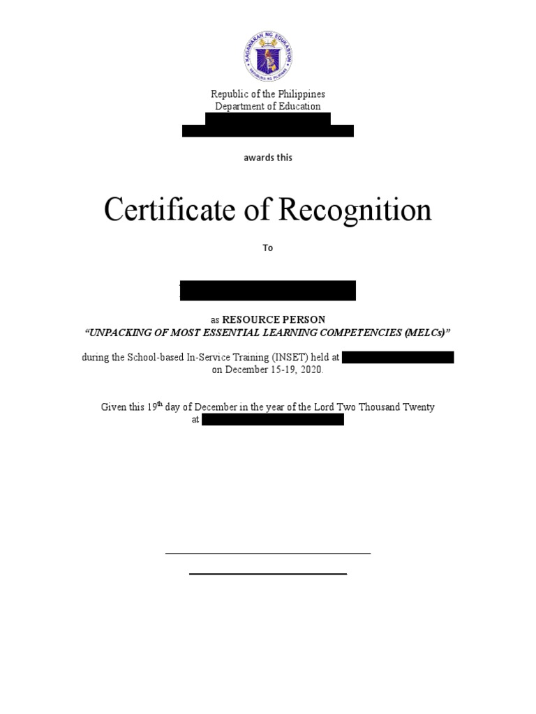 Certificate of Recognition for Resource Person | PDF