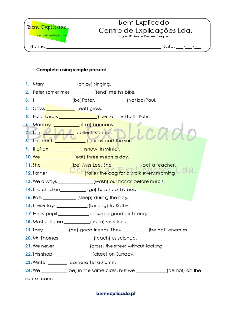 0.4 - Ficha de Trabalho - Present Simple | PDF
