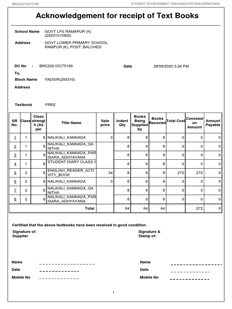Textbook Receipt Acknowledgement Form | PDF | Textbook | Service Industries