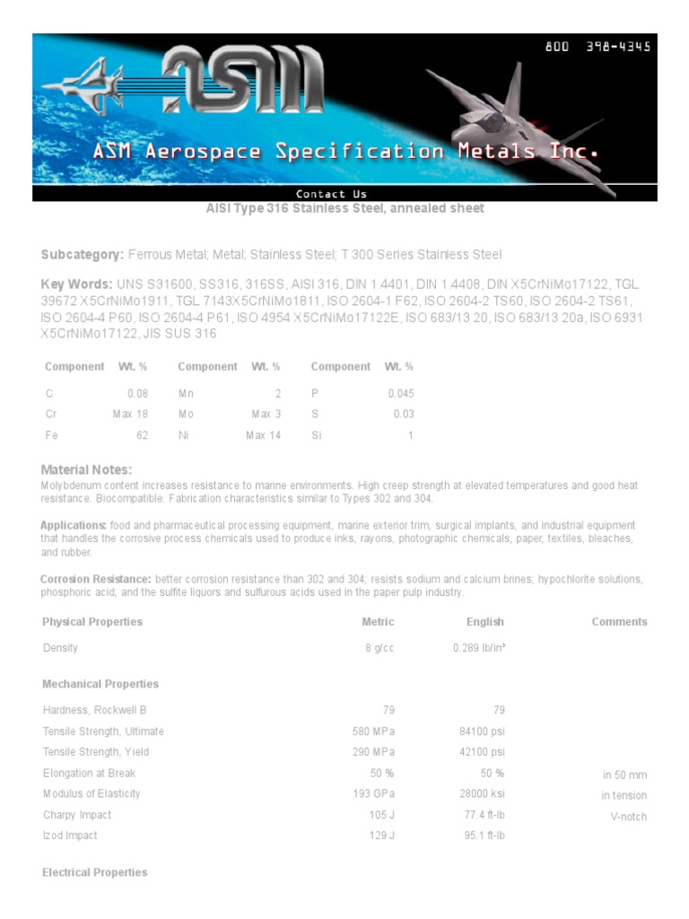 ASM Material Data Sheet 316 | PDF | Stainless Steel | Chemical Product ...