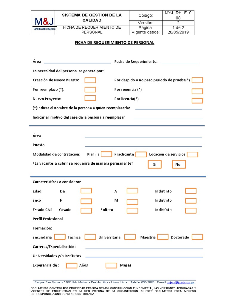 Myj - RH - F - 008 Ficha de Requerimiento de Personal | PDF | Informática | Informática y ...