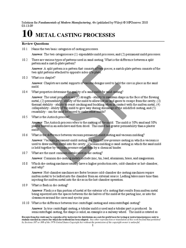 Metal Casting Processes: Review Questions | PDF | Casting (Metalworking) | Casting